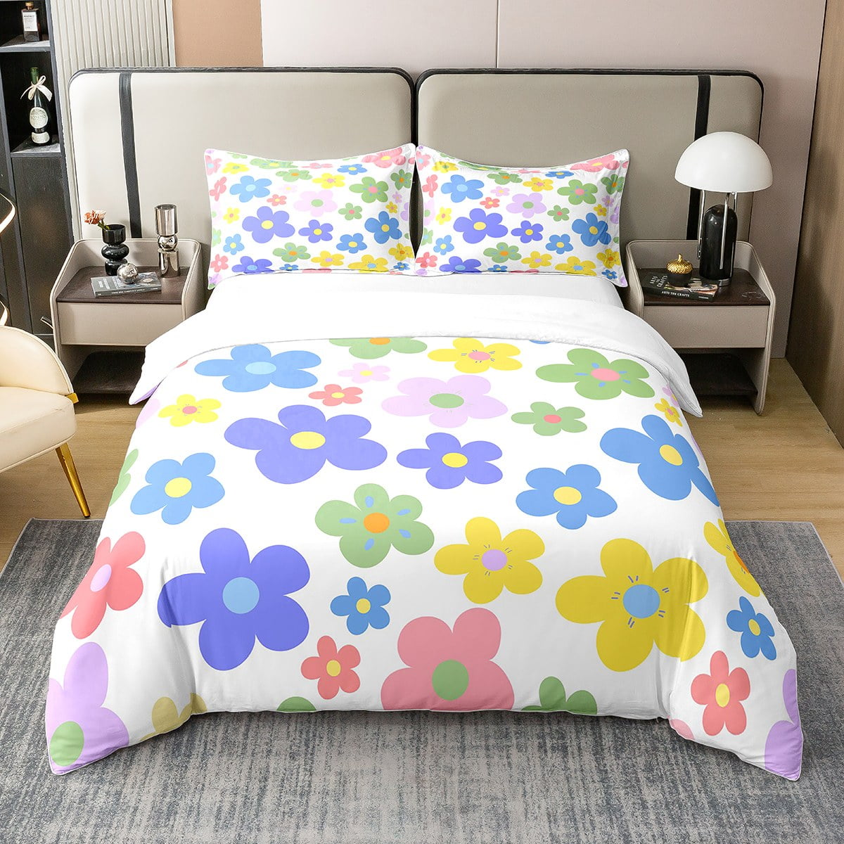 YST Colorful Flower 100 percent Cotton Duvet Cover King,Cute Flower ...
