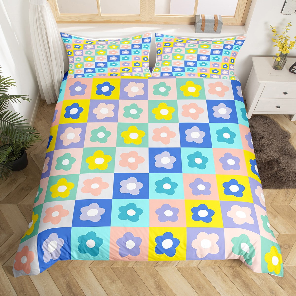 Erosebridal Colorful Flower Bedding Set Queen Groovy Floral Duvet Cover ...