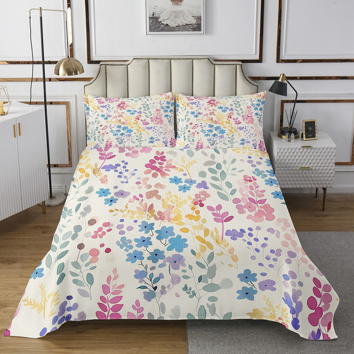 YST Colorful Flower Bedspread Twin Size,Cute Boho Blue Floral Quilt ...