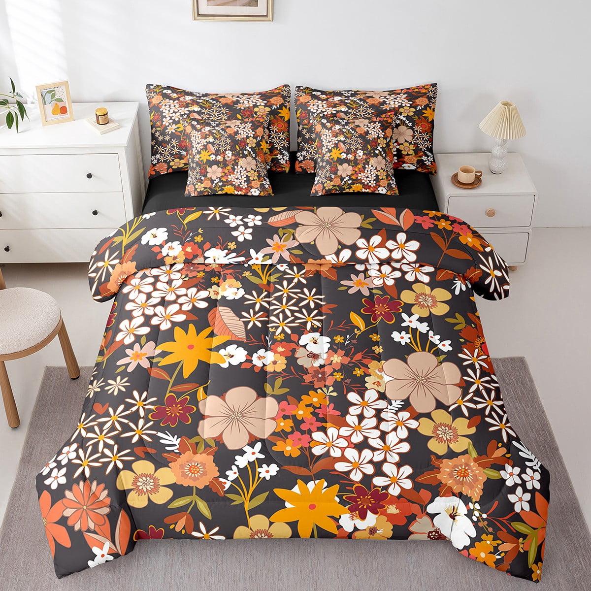Colorful Groovy Flowers Comforter Set Full Hippie Aesthetic Floral Bed ...