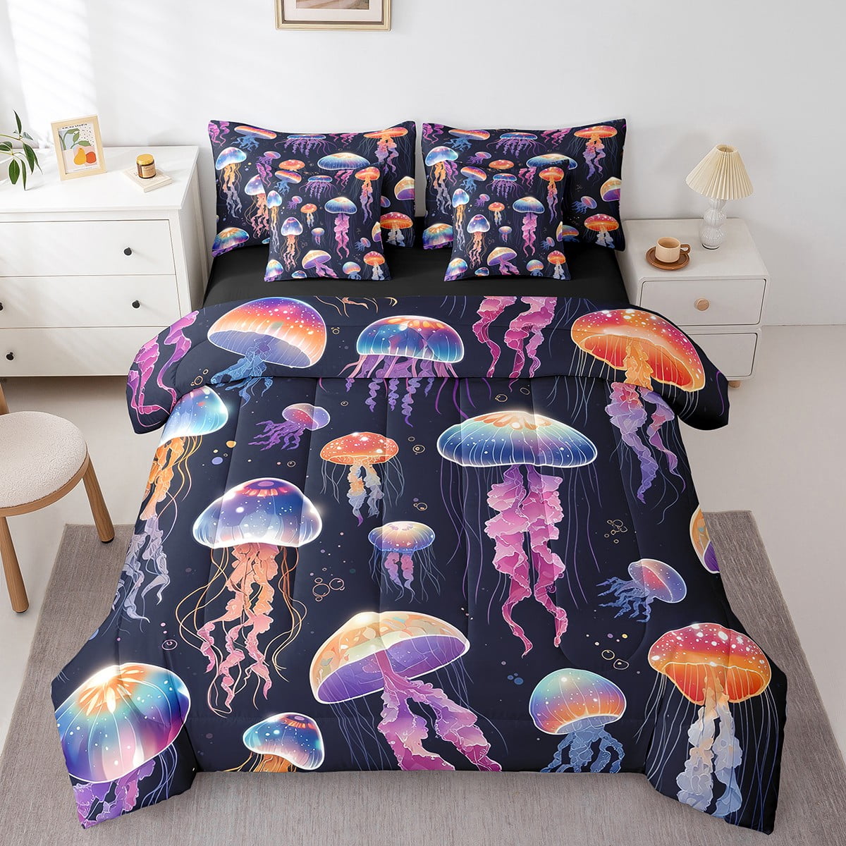 YST Colorful Jellyfish Full Comforter Set 7 Piece,Glowing Jellyfish Bed in A Bag With Sheet Set ...