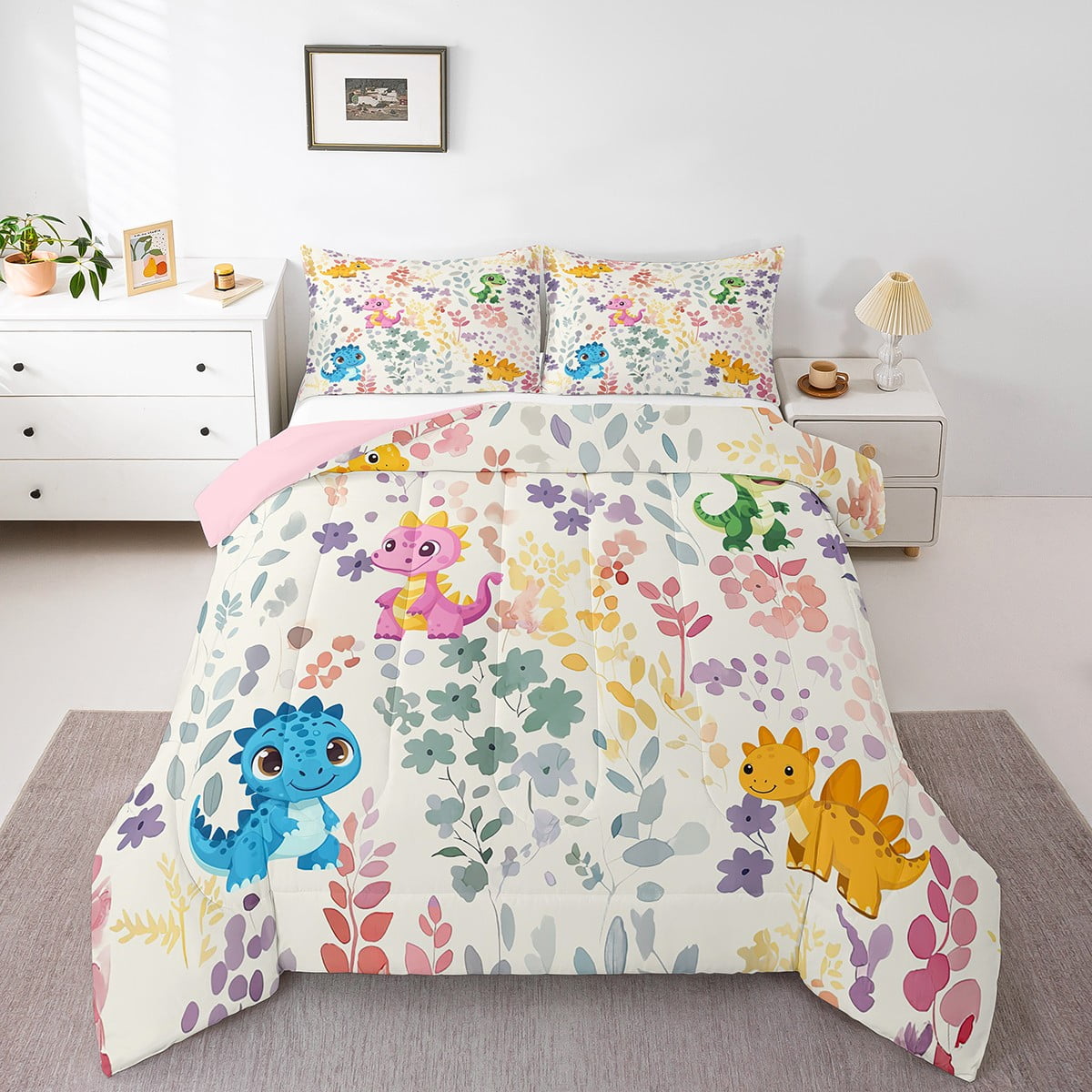 YST Colorful Kawaii Dinosaur Toddler Bedding Set,Rainbow Flower ...
