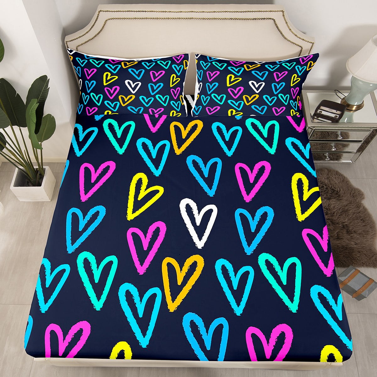 YST Colorful Love Heart Bed Sheets Cute Cartoon Hearts Fitted Sheet ...