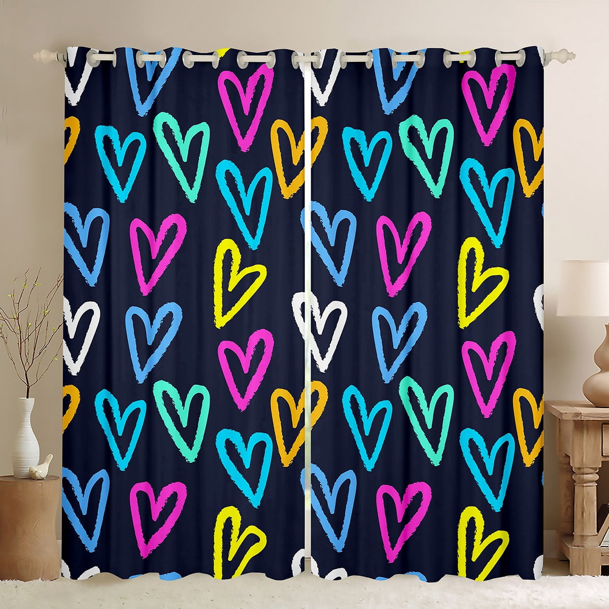YST Colorful Love Heart Curtains & Drapes Cute Cartoon Hearts Blackout ...