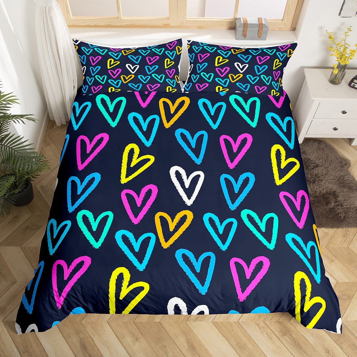 YST Colorful Love Heart Duvet Cover King Cute Cartoon Hearts Bedding ...