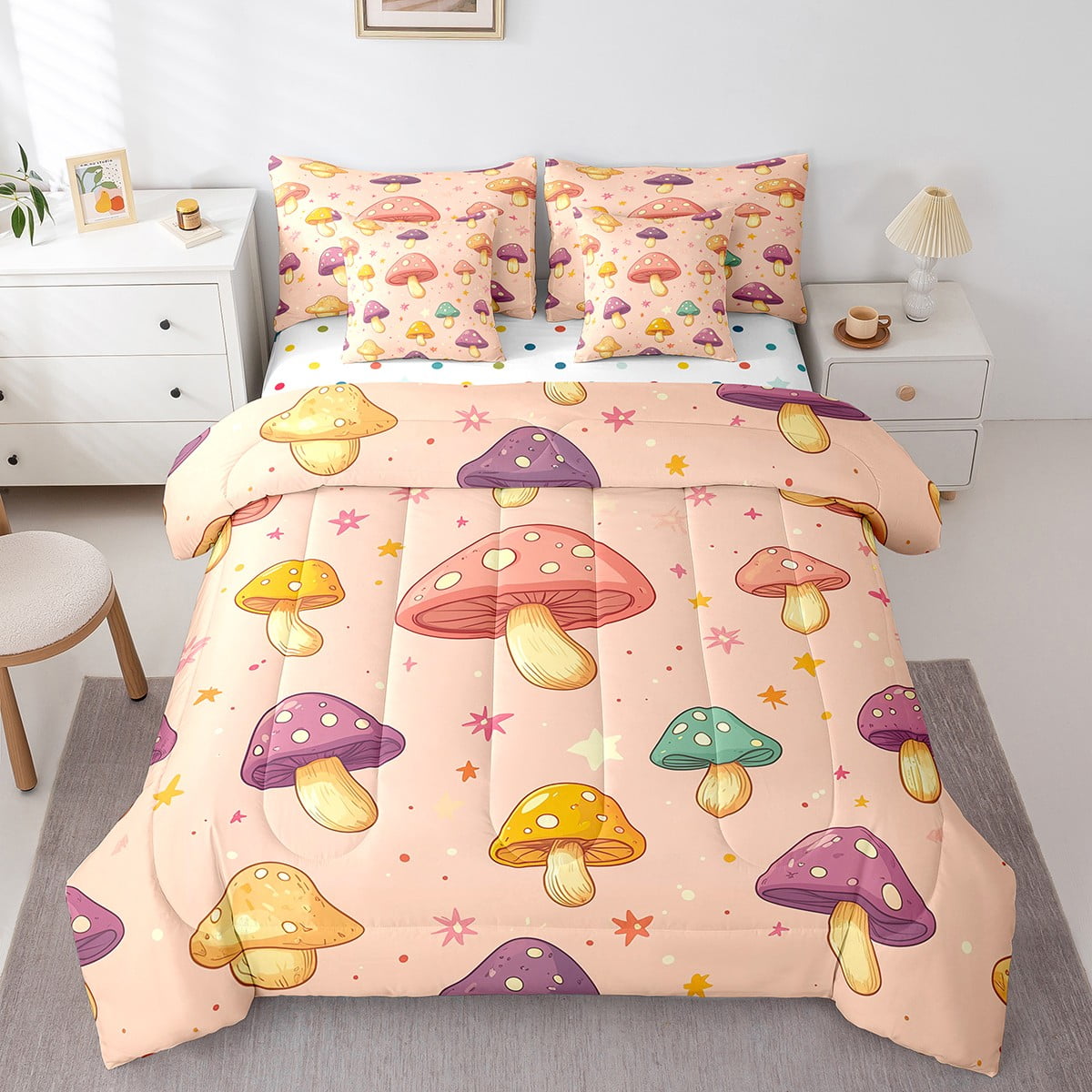 Erosebridal Colorful Mushroom Bedding Sets 7 Piece King Cute Cartoon ...