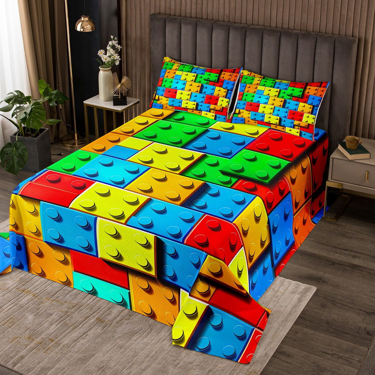Colorful Quilt Set Twin, Building Blocks Bedspread Set , 3D Rainbow ...