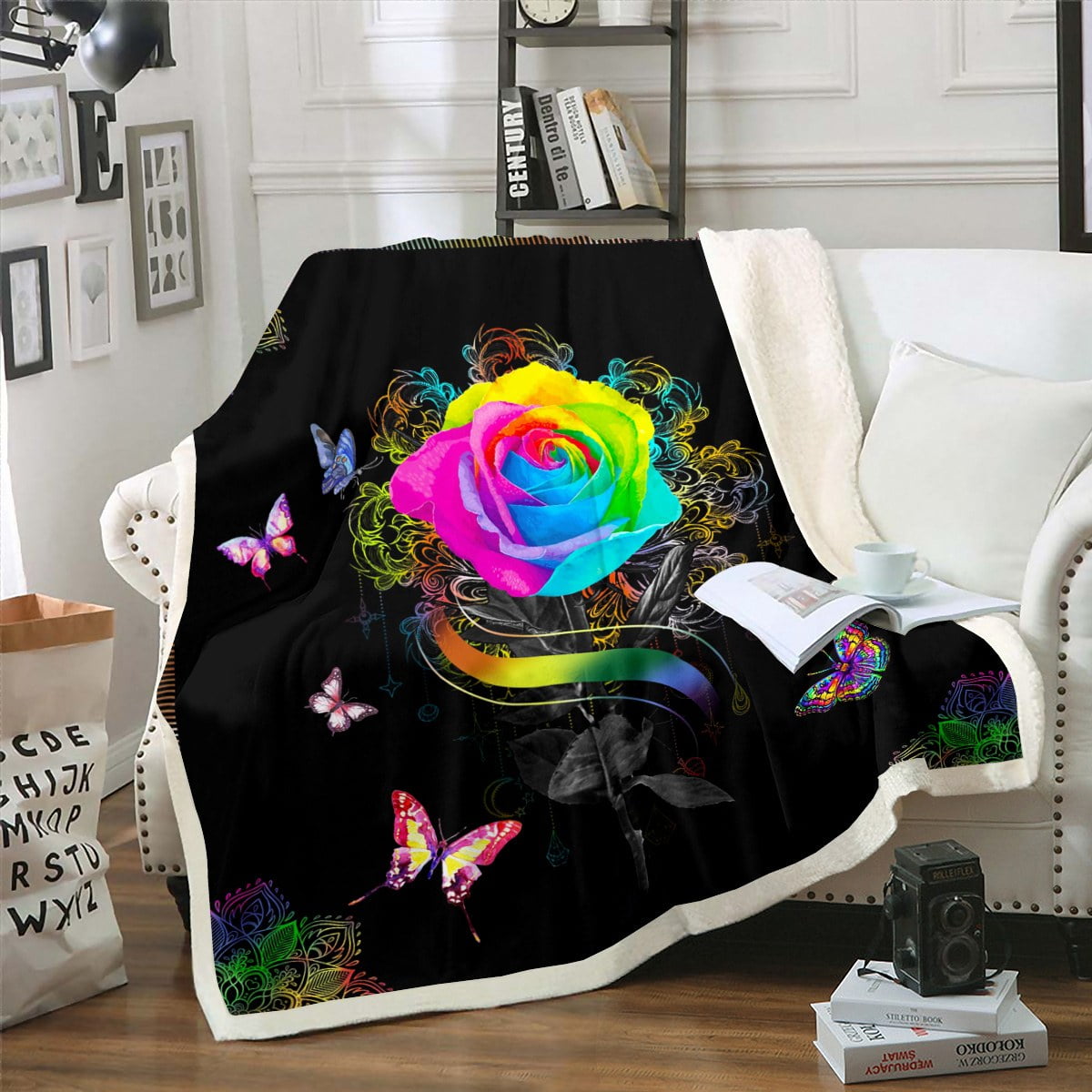 YST Colorful Rose Flower Throw Blanket for Couch Girly Butterfly Fleece ...