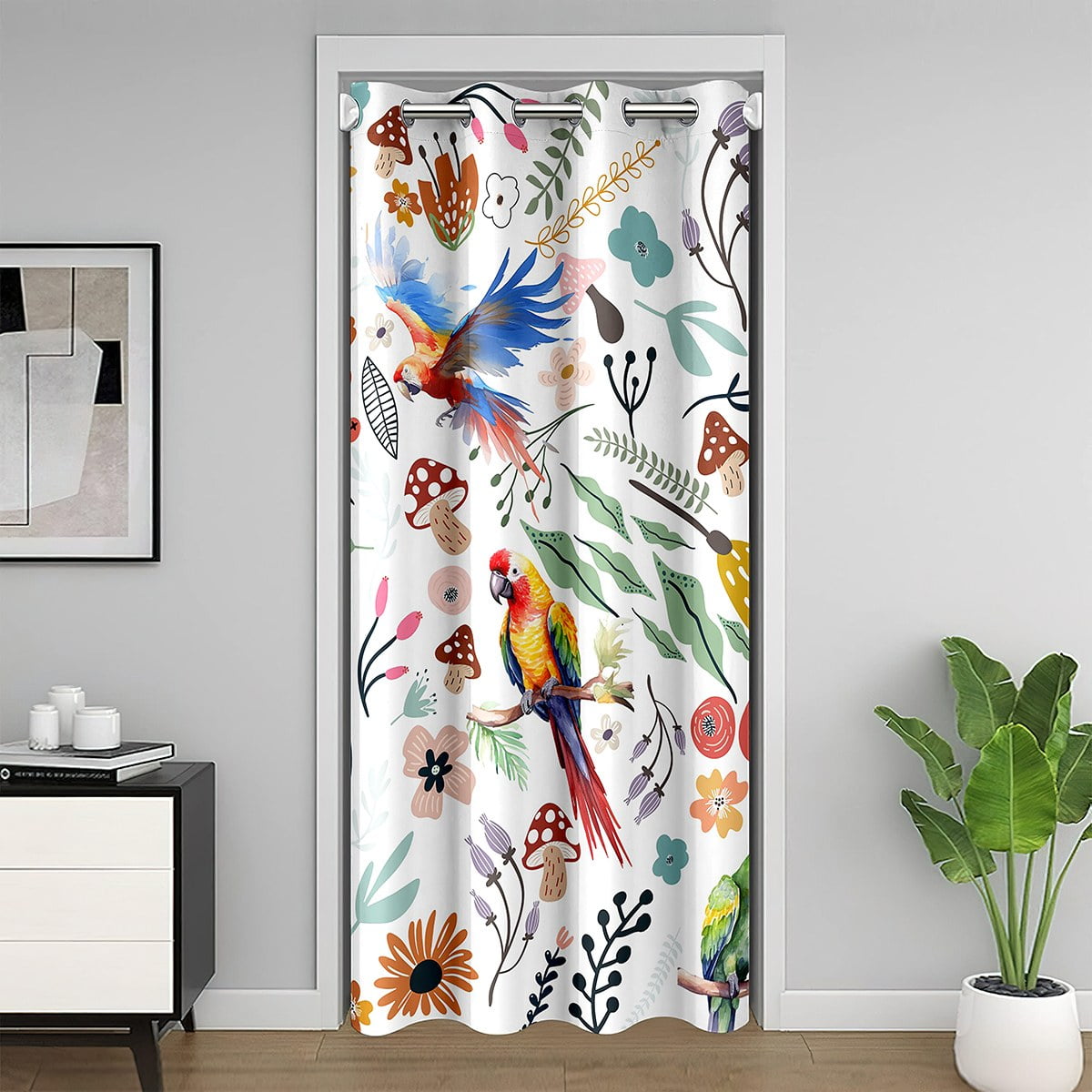 Colourful Parrot Door Curtain For Doorway Privacy ,Watercolor Woodland ...
