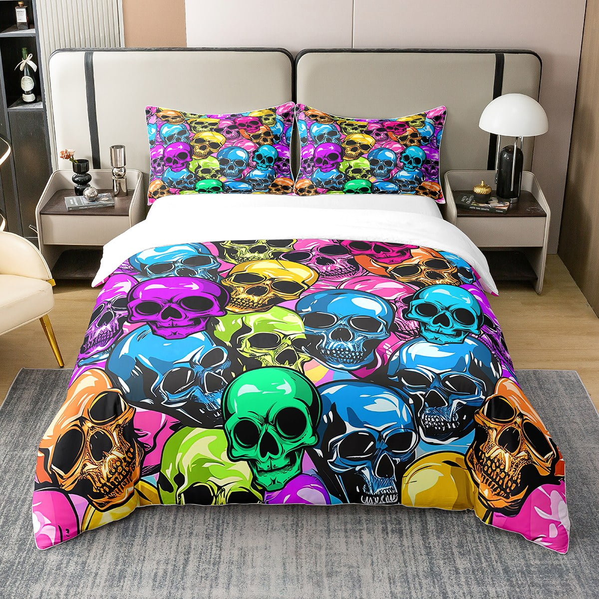 YST Colourful Skull 100% Organic Cotton Duvet Cover King,Gothic Skull ...