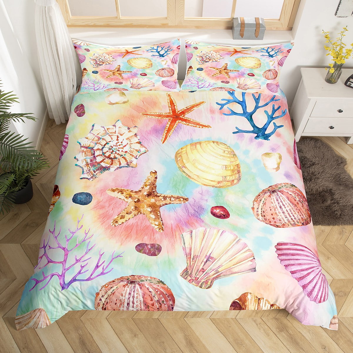 YST Conch Starfish Bedding Sets Queen Cute Seashell Coral Comforter ...