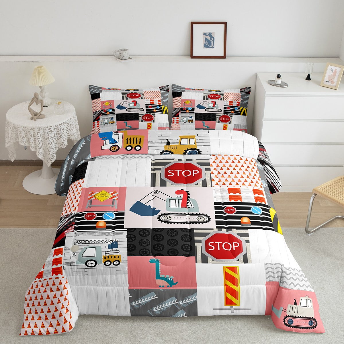 Erosebridal Construction Plaid Comforter King Cute Dinosaur Bedding Set ...