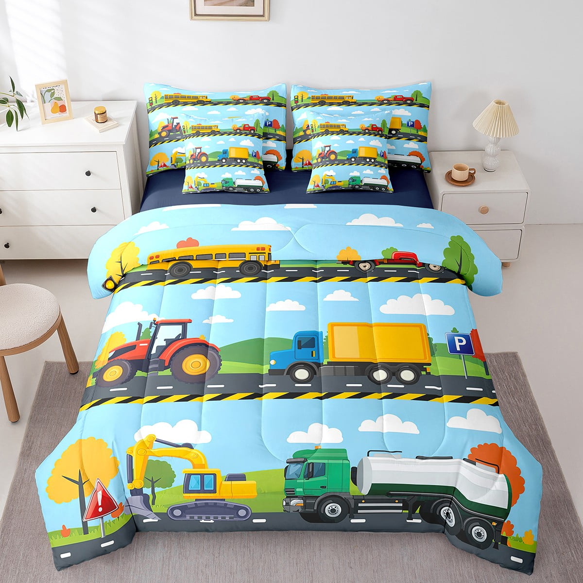 Construction Tractor 7 Piece Comforter Set Queen Size,Excavator Lorry ...