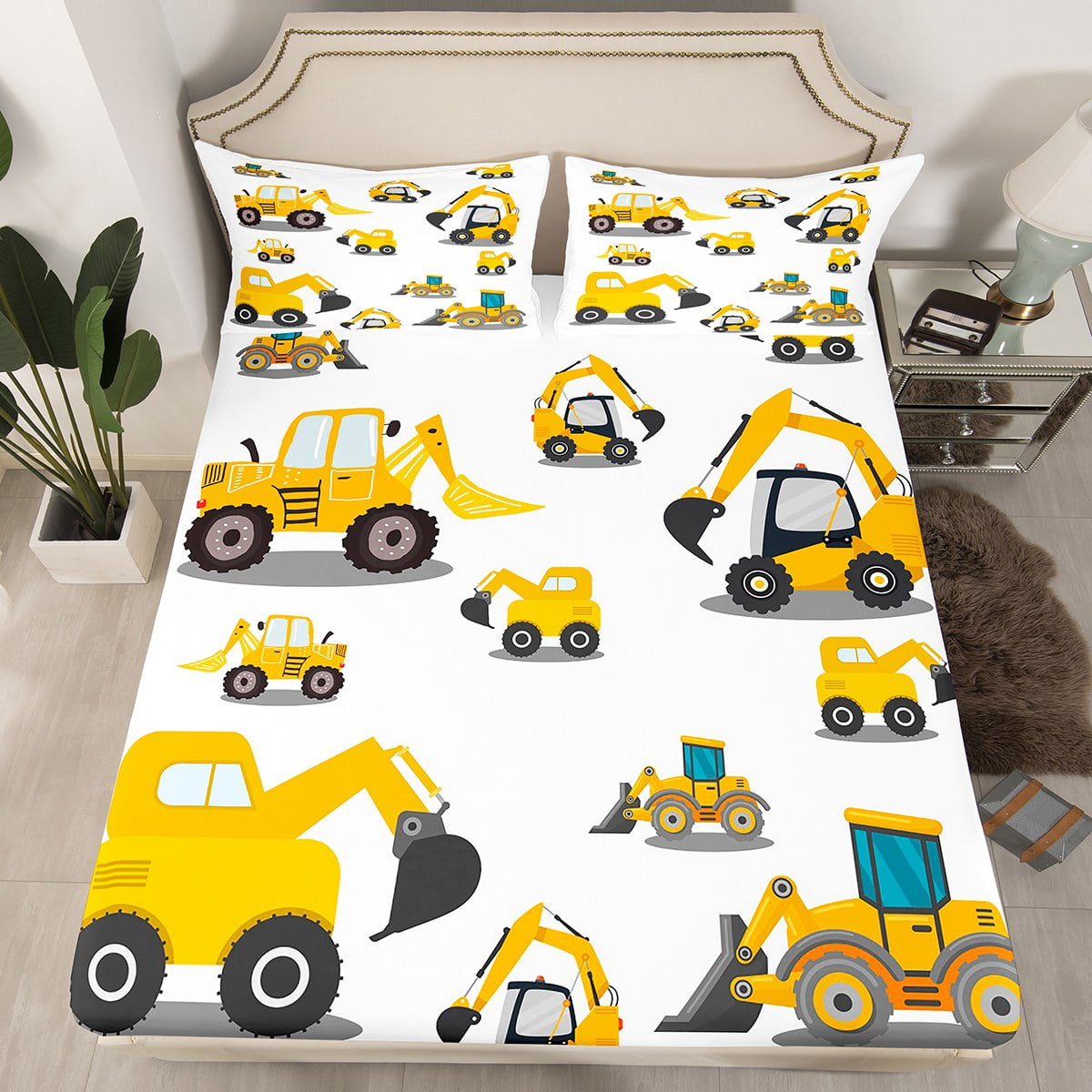Construction Truck Bed Sheets Full, Cartoon Tractor Car Fitted Sheet ...