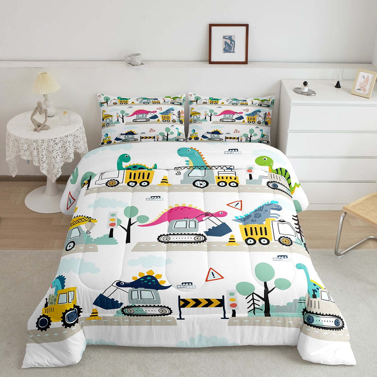YST Construction Truck Comforter Set Dinosaur Queen Bedding Set,Tractor ...