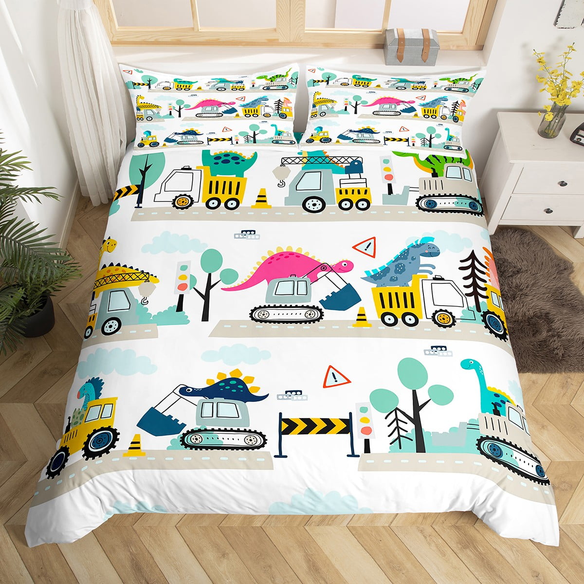 YST Construction Truck Duvet Cover Dinosaur Queen Bedding Set for Boys ...