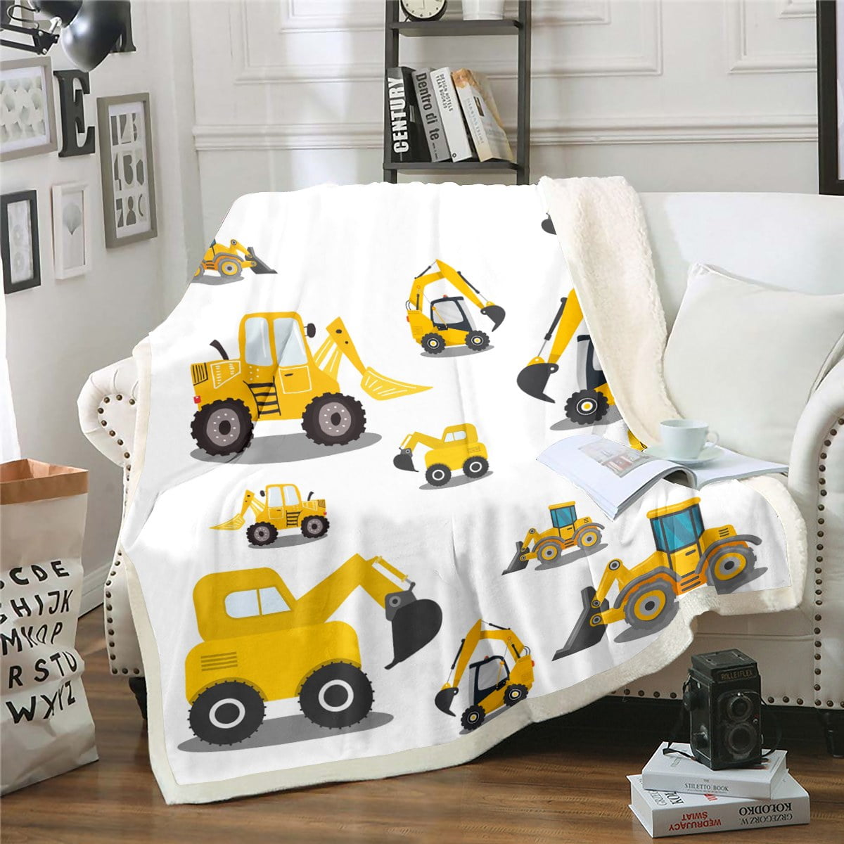 Construction Truck Fuzzy Blanket Throw, Cartoon Tractor Car Throw ...