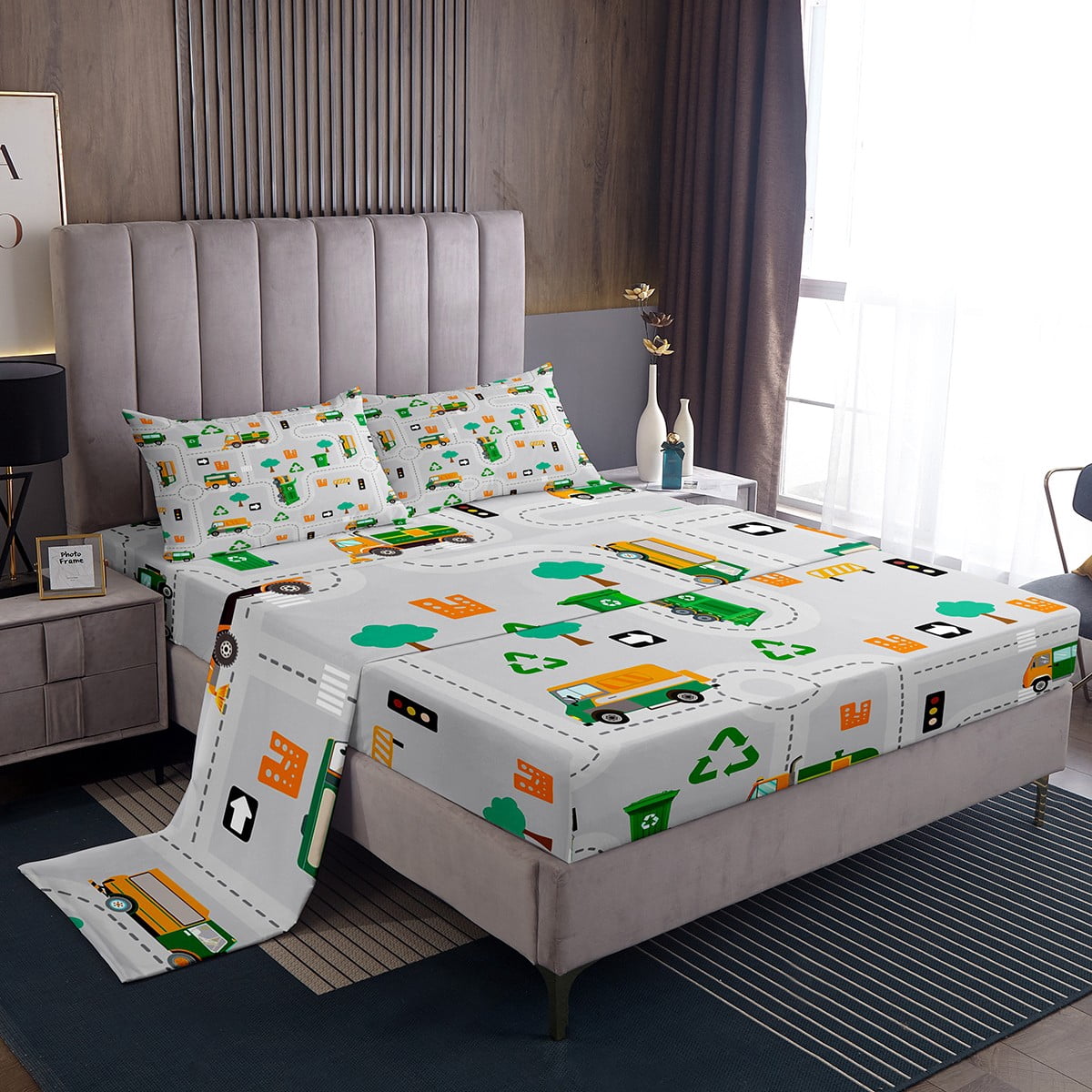YST Construction Truck Queen Bed Sheets Set for Kids Boys Girls,Trash ...