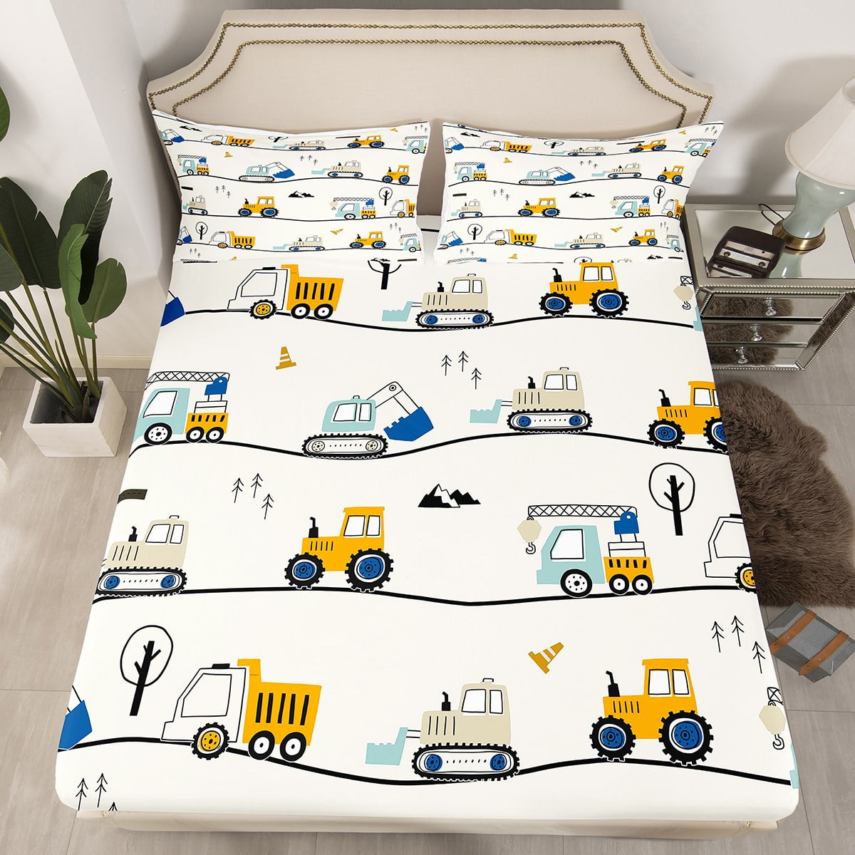 Construction Twin Fitted Sheet ,Cartoon Truck Bed Sheets Tractor Room ...