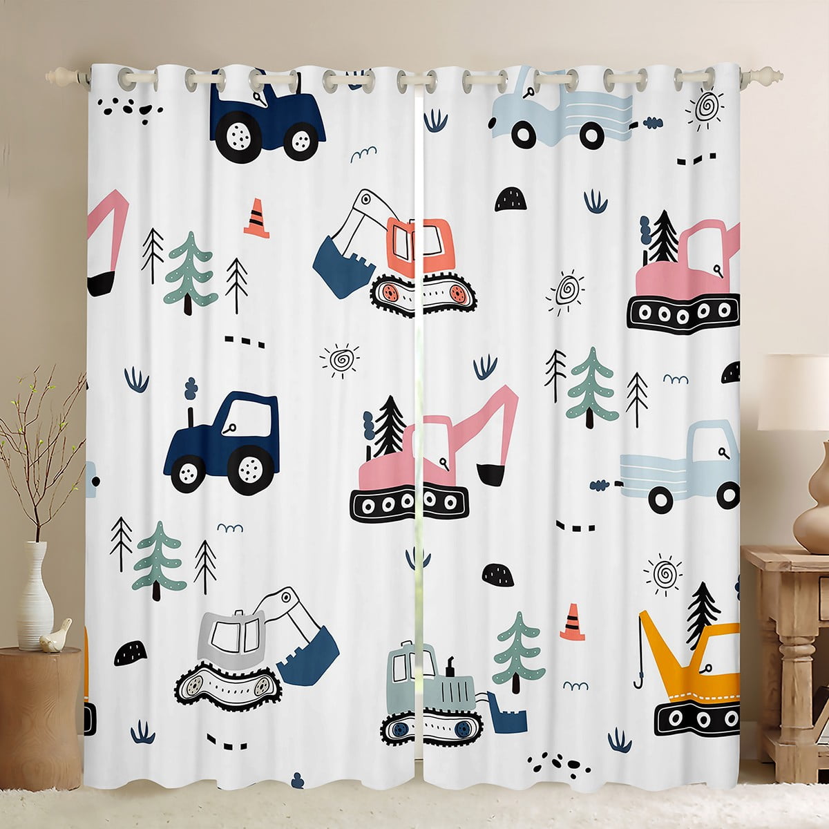 YST Construction Vehicles Blackout Curtains Green Blue Tractor Curtains ...