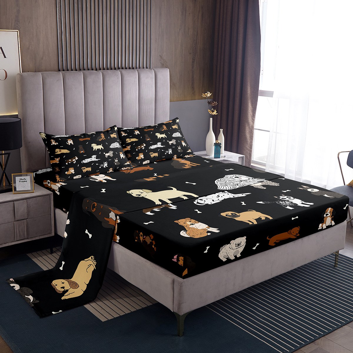 Erosebridal Corgi Dachshund Bed Set Black Bed Sheets Set, Kawaii Animal ...