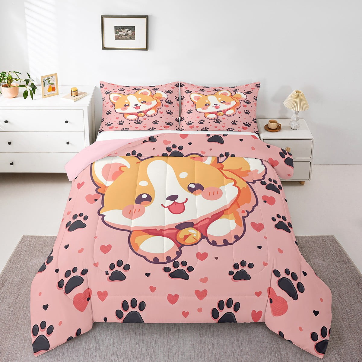 Corgi Dog Bedding ,Romantic Love Heart Soft Cozy Comforter Set Queen ...