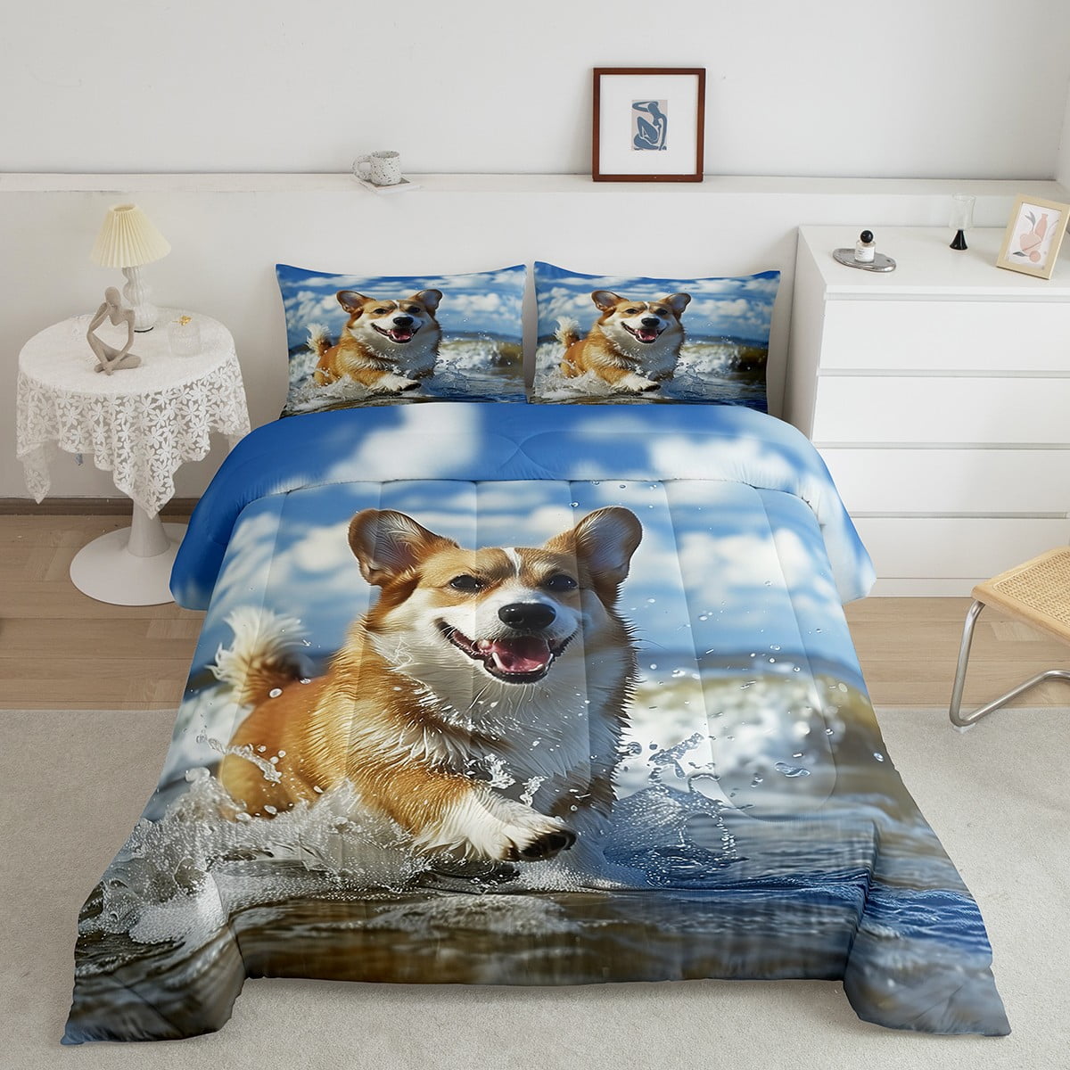 Corgi Print Bedding Set King Ocean Wave Comforter Set,Sea Theme Duvet ...