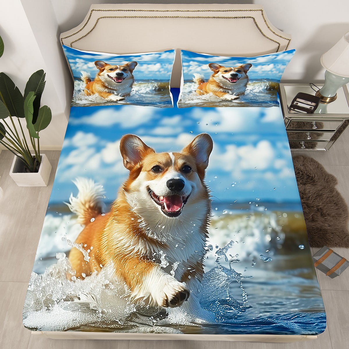Erosebridal Corgi Print Twin Sheets Ocean Wave Bed Sheets,Sea Theme Bed ...