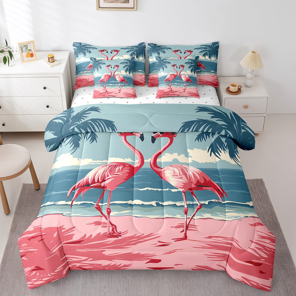 YST Couple Flamingo Bedding Sets 7-Piece Full for Women Girls Pink Flamingo Animal Comforter Set ...