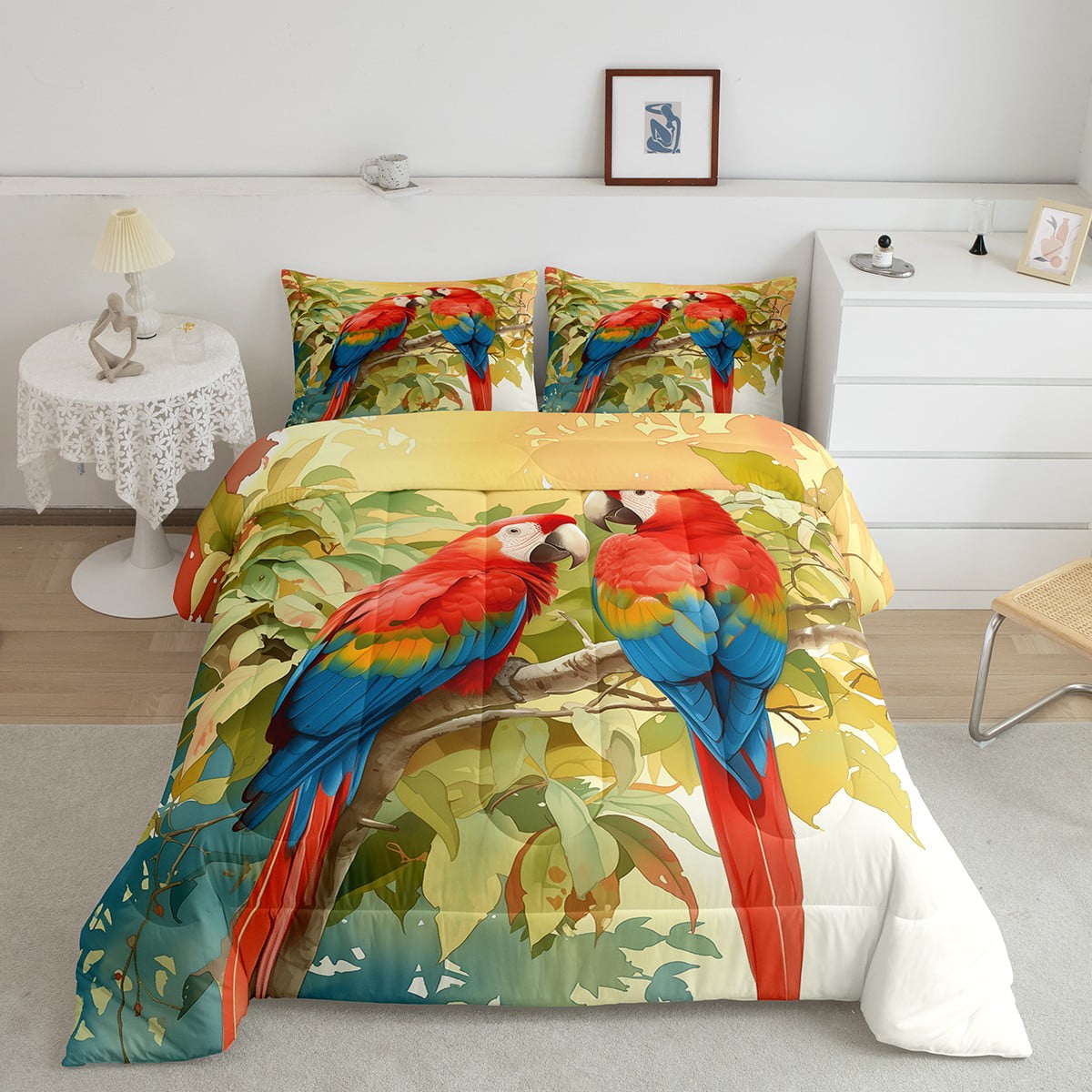 Couple Parrot Comforter Set Adults,Wild Rain Trees Animal Bedding Set ...