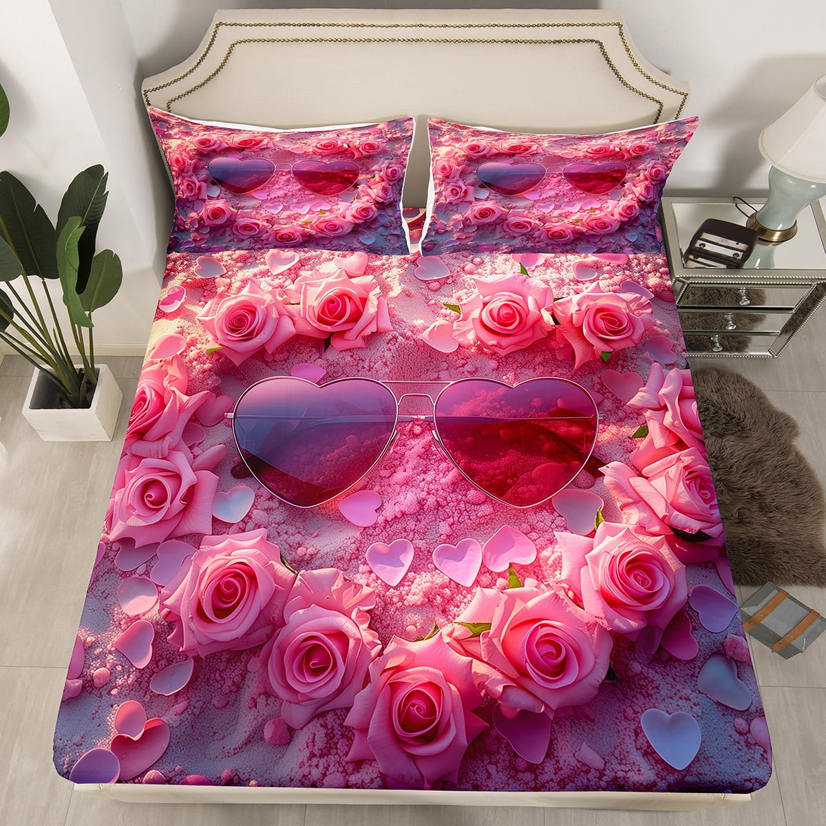 Couple Rose Fitted Sheet Love Heart Sunglasses 2 Pieces Bed Sheets For ...
