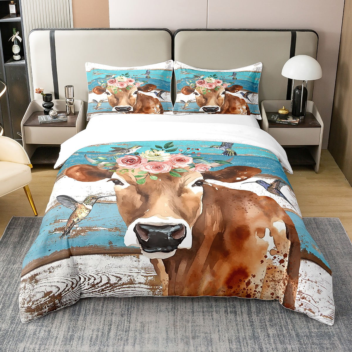 YST Cow 100% Cotton Duvet Cover Rustic Wooden Plank Floral Cow Print ...