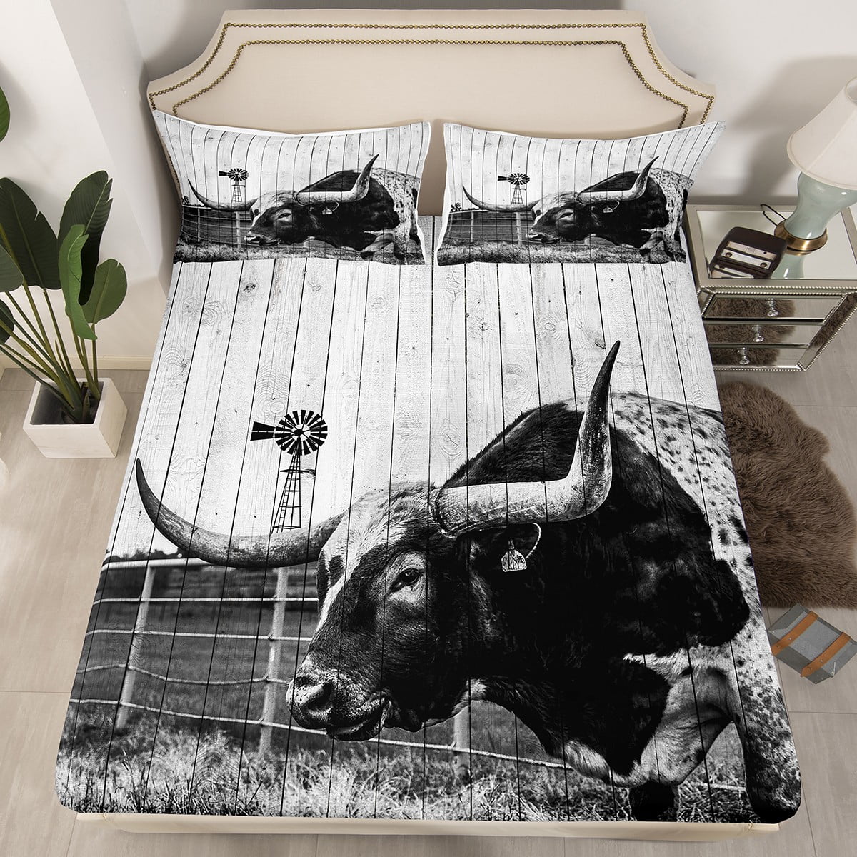 Cow Bedding Set Youth Adults, Rustic Farmhouse Fitted Sheet Windmill ...
