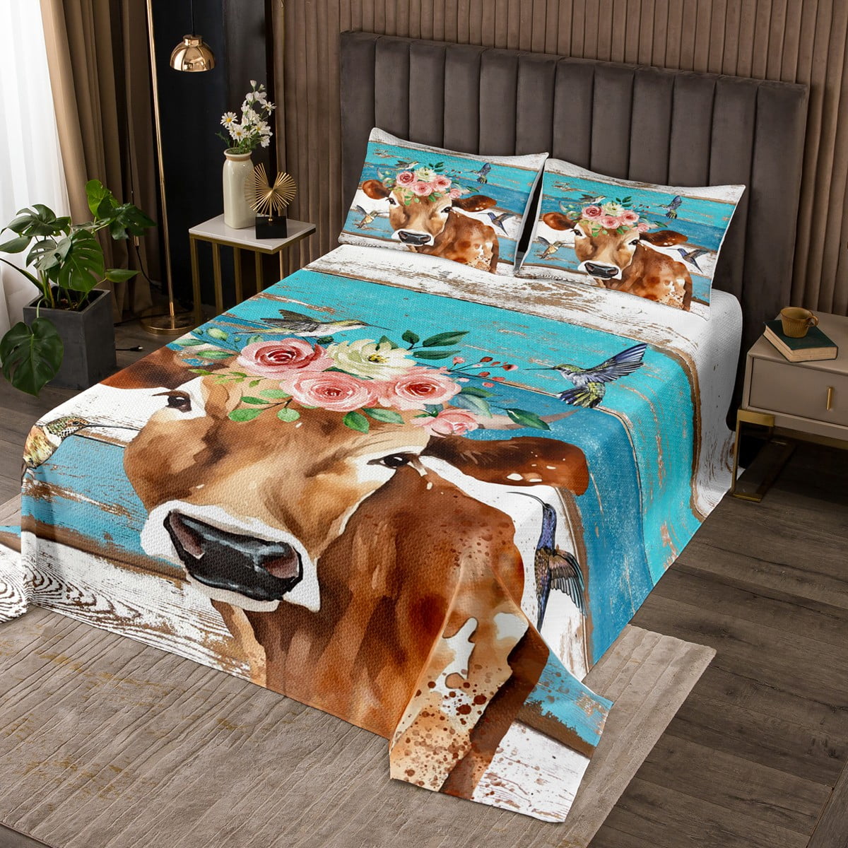 YST Cow Bedspread Set Rustic Wooden Plank Floral Cow Print Coverlet Set ...