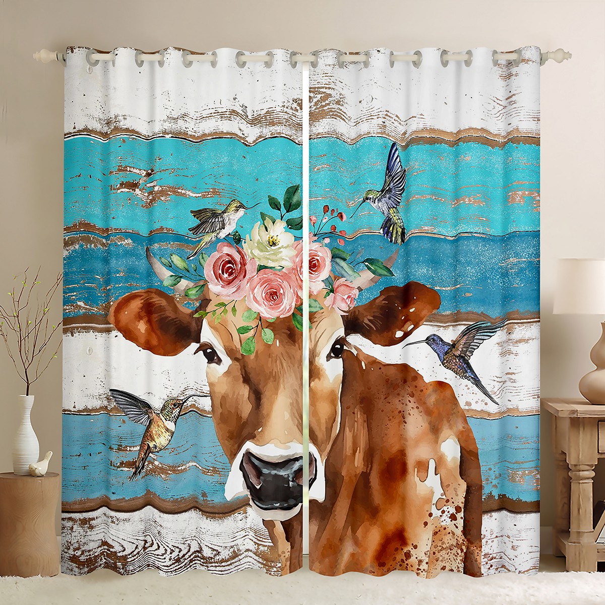YST Cow Blackout Curtains Rustic Wooden Plank Floral Cow Print Curtains ...