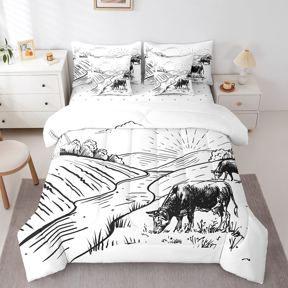 YST Cow Print 7 Pcs Comforter Set for Kids Boys,Black White Hand Drawn ...