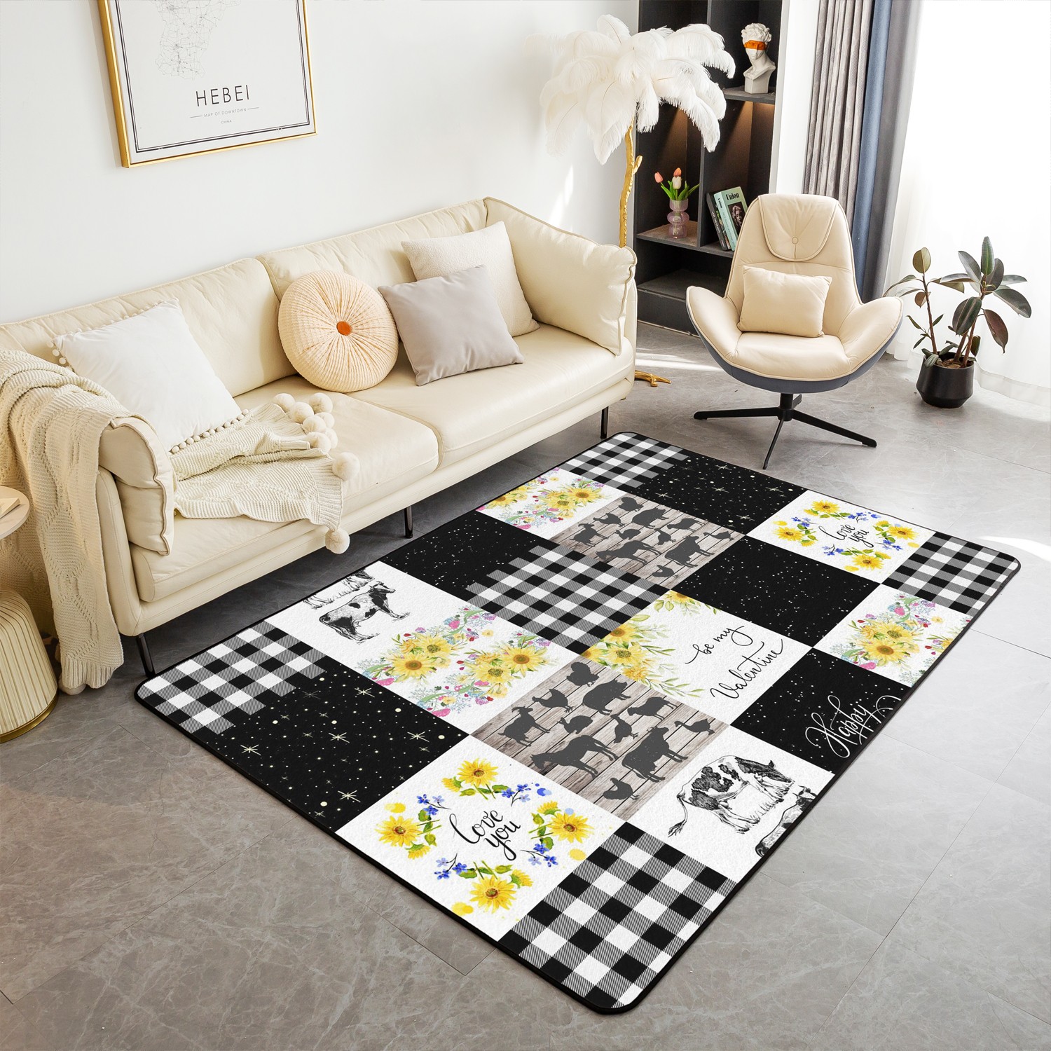 YST Cow Print Area Rugs 5x7 for Bedside,Farm Cow Sunflower Carpet for ...