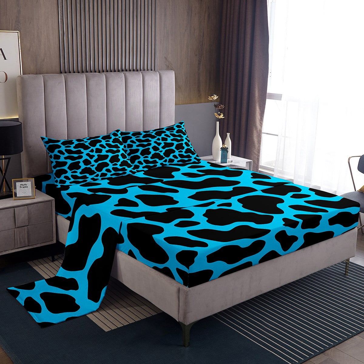 Cow Print Bed Set Kawaii Farm Animal Bed Sheets Set, Black Blue Sheet ...