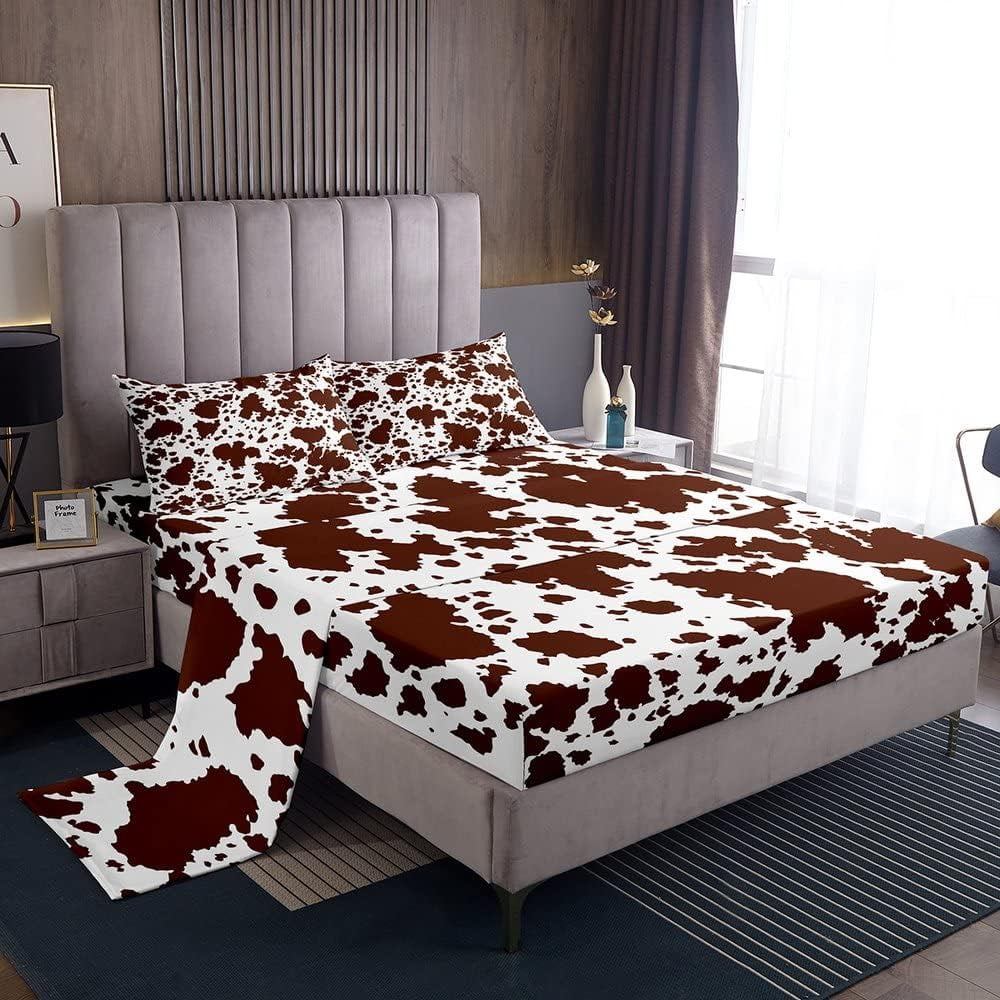 YST Cow Print Bed Sheets Queen Size White Brown Cowhide Sheet Set 4Pcs ...