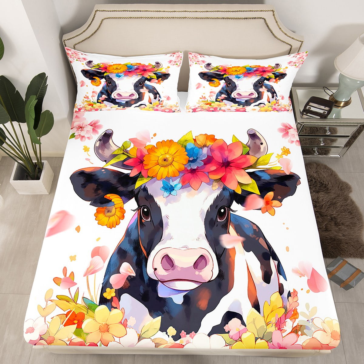 YST Cow Print Bedding Set Cartoon Milk Cow Fitted Sheet Rustic ...