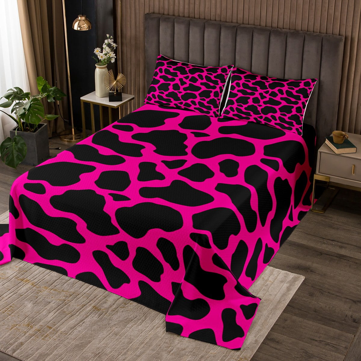 Cow Print Coverlet King Size Cute Farm Animal Bedding Set, Black Pink ...