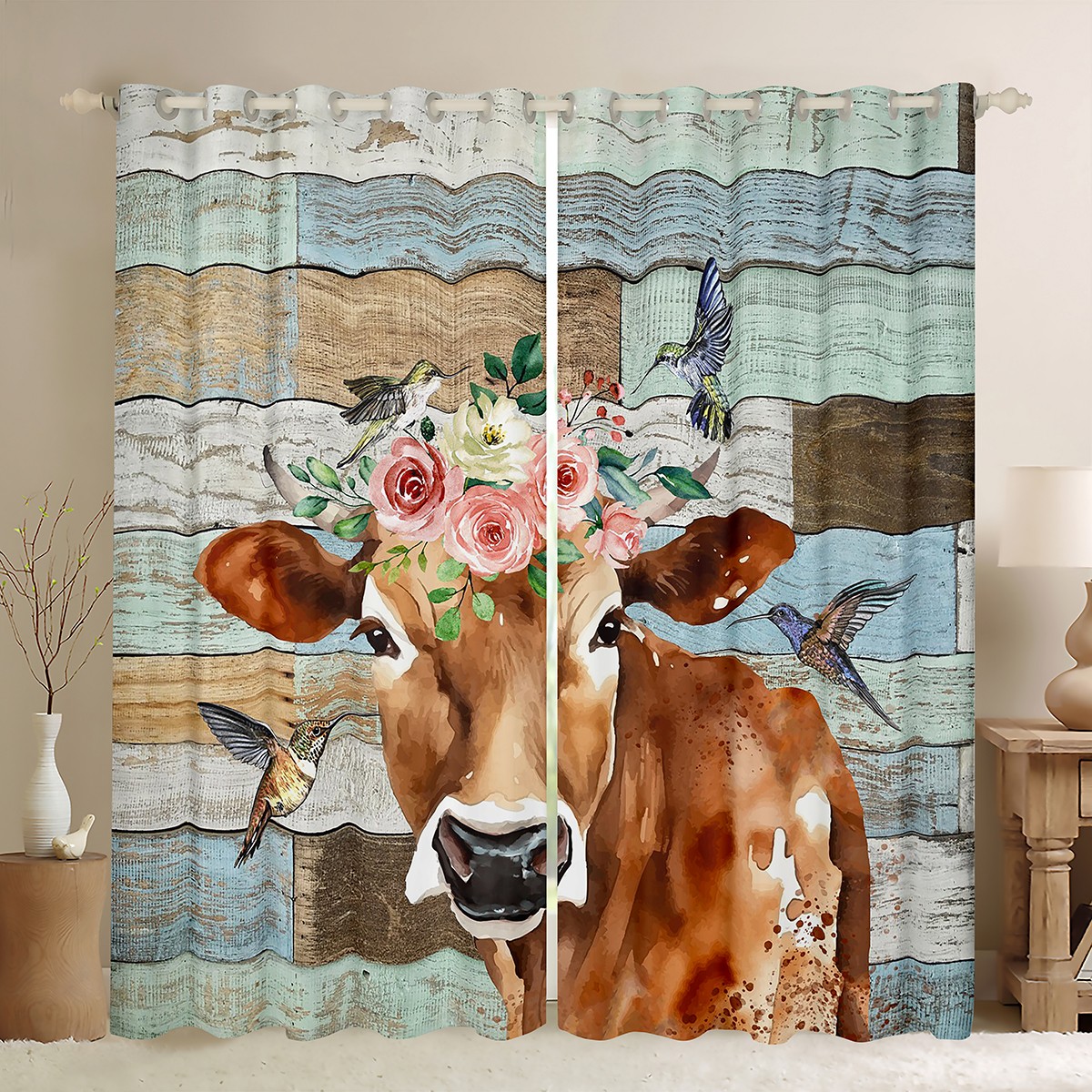 YST Cow Print Curtains Old Barn Door Wooden Decor Curtains & Drapes ...