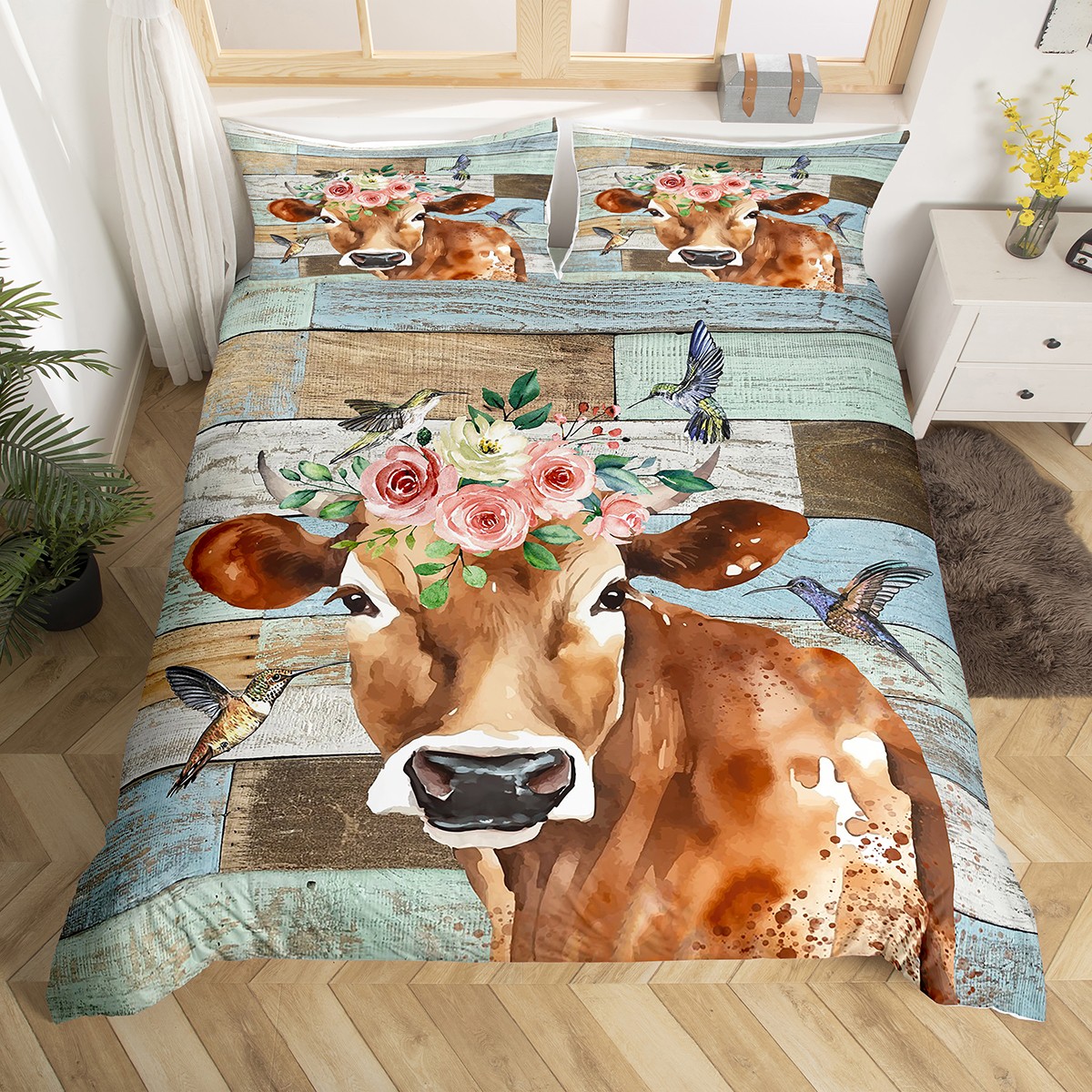 YST Cow Print Full Bedding Set Old Barn Door Wooden Decor Duvet Cover ...