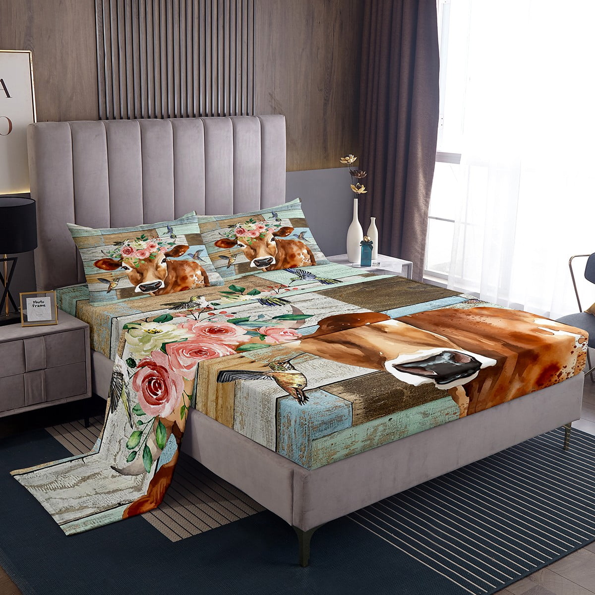 YST Cow Print Full Sheets Old Barn Door Wooden Decor Bed Sheets Set ...