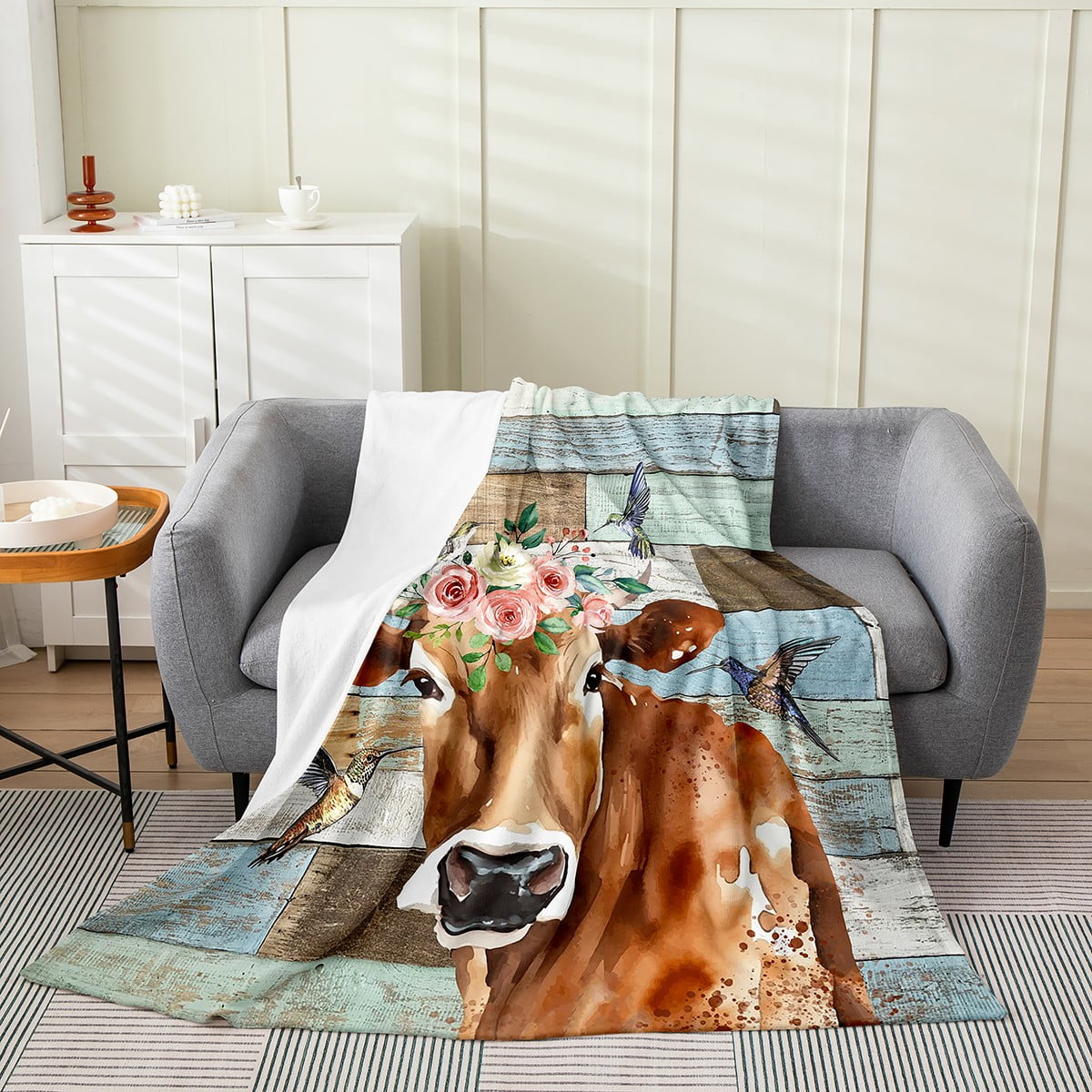 YST Cow Print Throw Blanket Retro Barn Door Wooden Decor Fleece Blanket ...