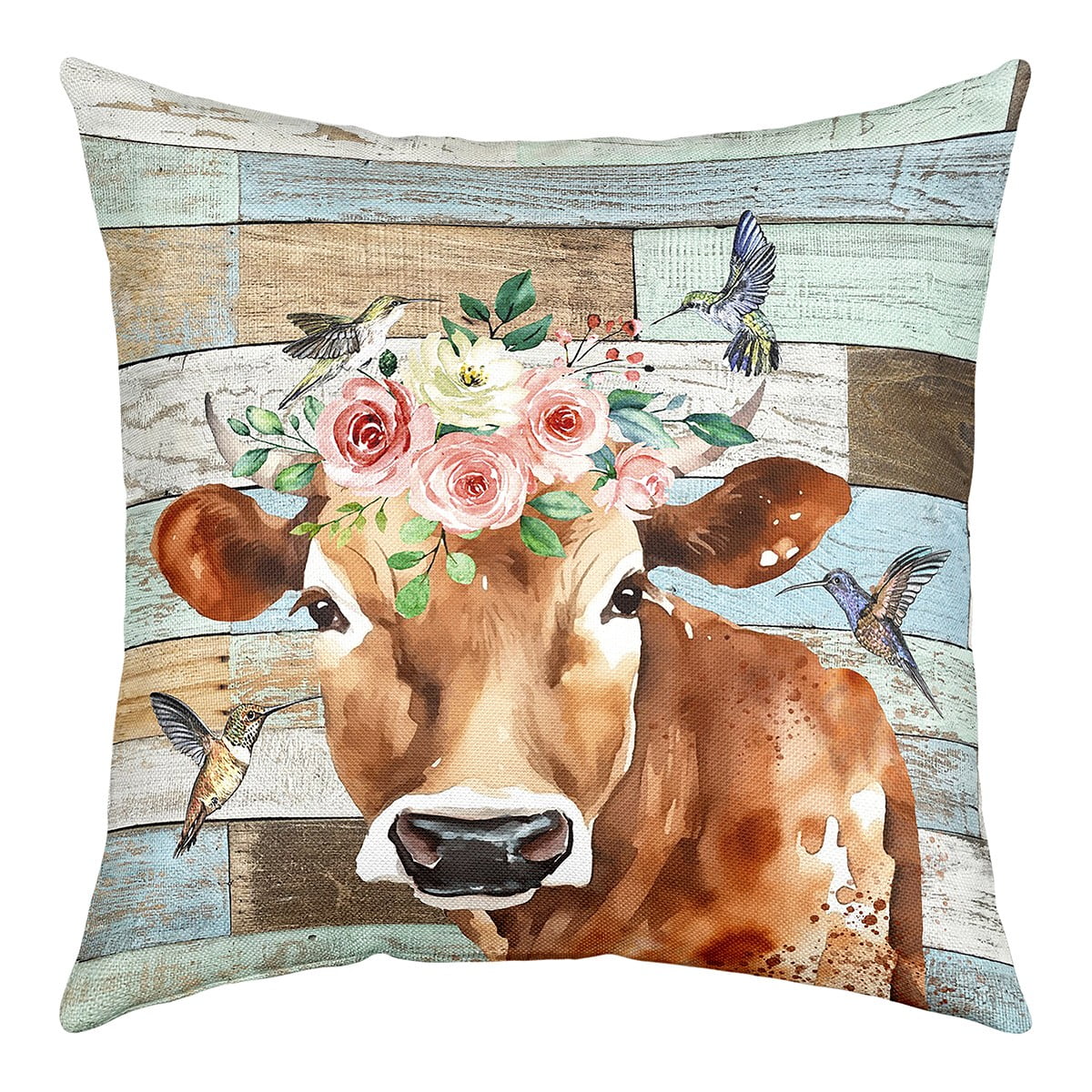 YST Cow Print Throw Pillow Cover Retro Barn Door Wooden Decor Cushion Cover Watercolor Farmhouse ...