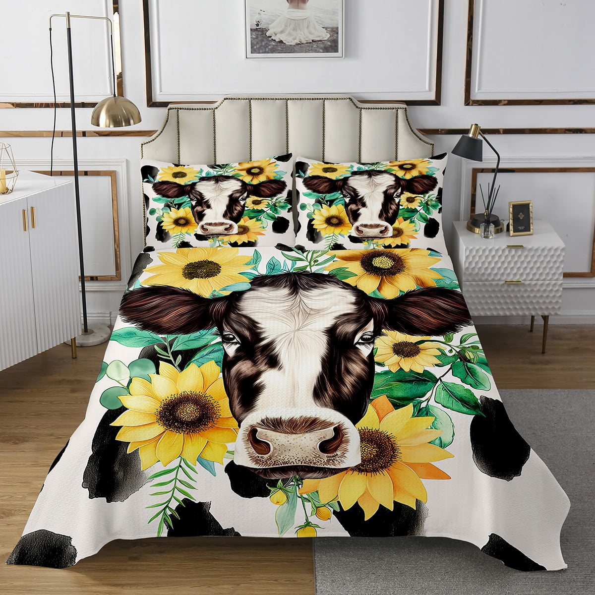 Cow Quilt Set Western Bedspread Set Twin, Sunflower Decor Coverlet Set ...