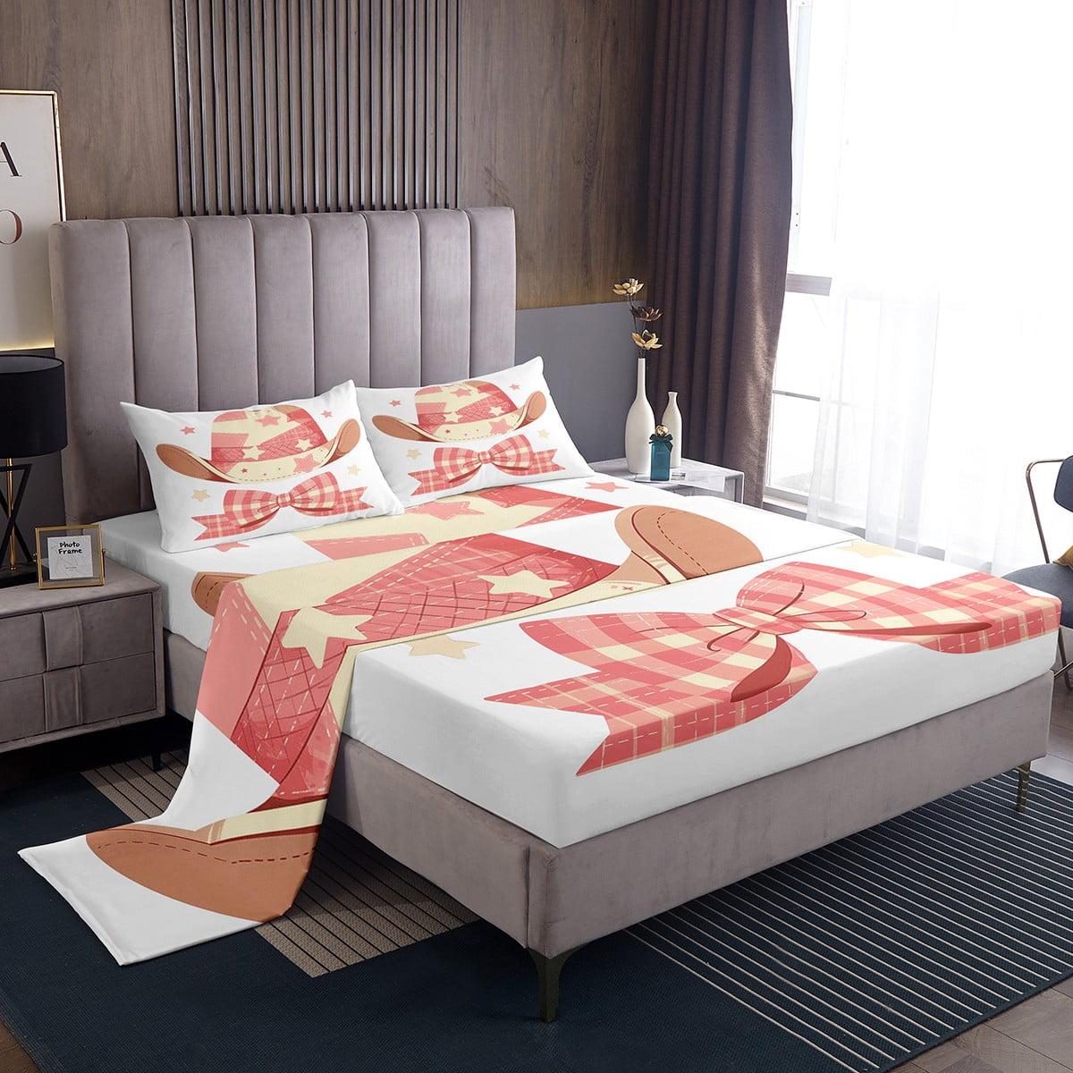 YST Cowboy Hats Queen Size Sheet Sets 4pcs, Grid Bow Knot Bed Sheets ...