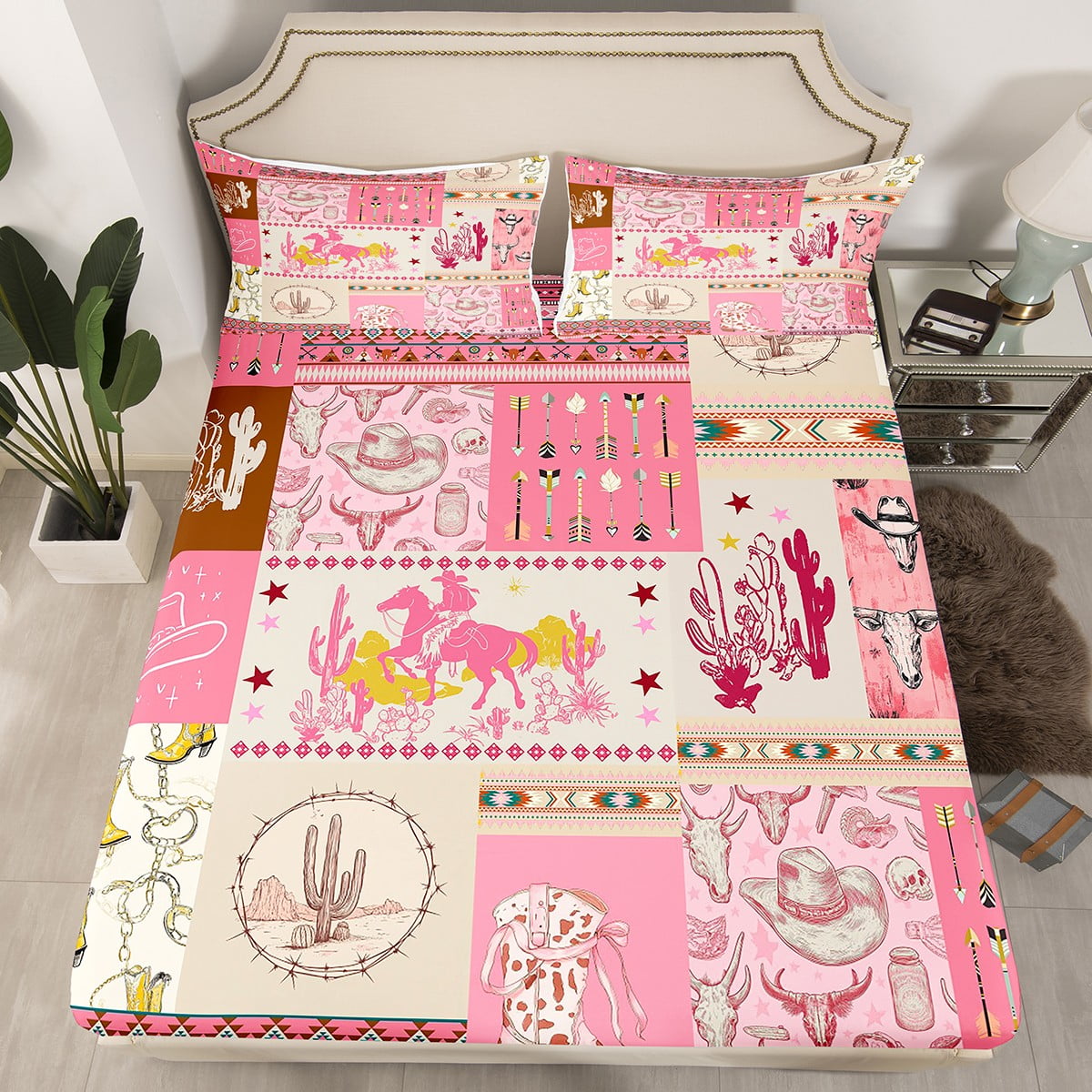 YST Cowgirl Pink Western Bed Sheets Hand Drawn Sketch Illustration Full ...