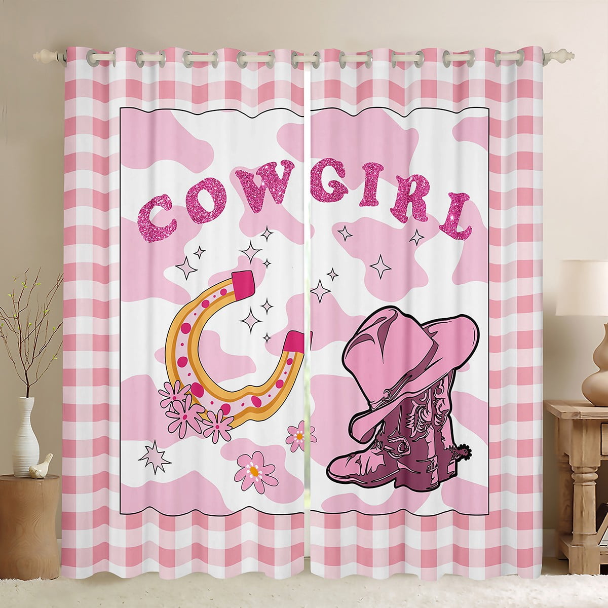 Cowgirl Window Curtains Room 52"Wx63"L Cowgirl Hat Boots Horseshoe 30% ...